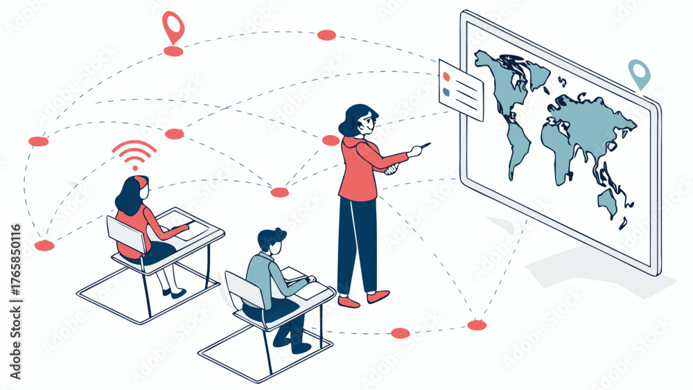 Teacher and students in a connected classroom with a world map ...