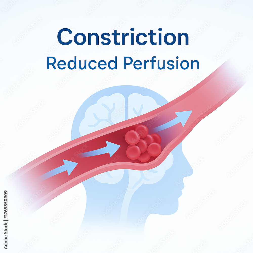 Constricted cerebral artery with reduced perfusion and blood clot ...