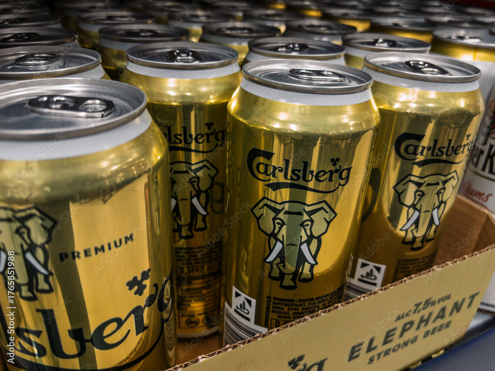 Carlsberg Premium Lager Beer Cans in Store Display Stock Photo | Adobe ...