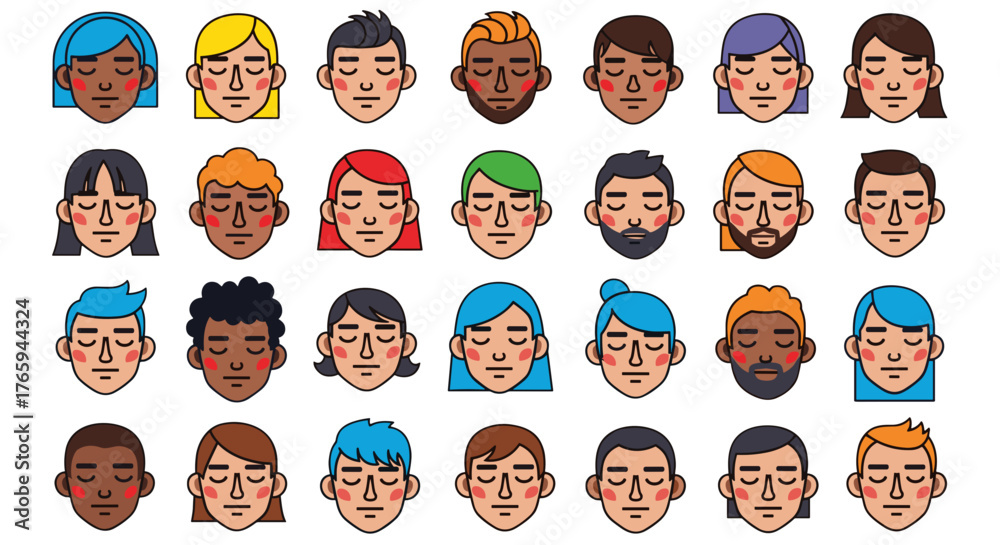 Collection of diverse cartoon faces with closed eyes and various hair ...
