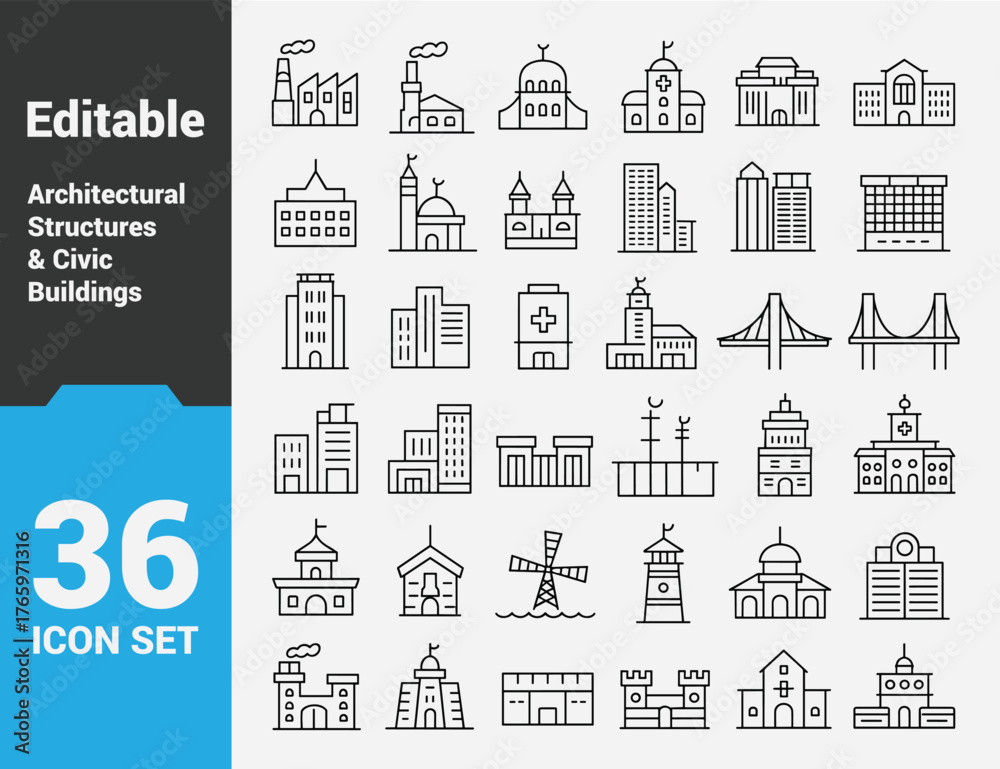 Editable Building & Architecture Line Icons, Minimalist Stroke Symbols ...