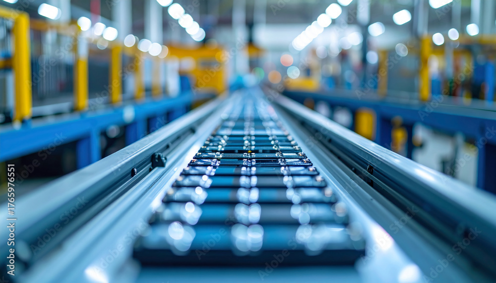 Battery cell production line in modern factory, automated conveyor ...