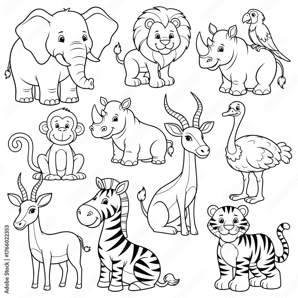 Vector art of collection of cartoon wild animals, including an elephant ...