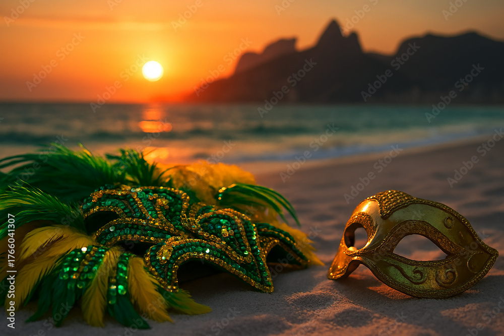 Golden-hour Rio view: carnival mask and feather headdress resting on ...