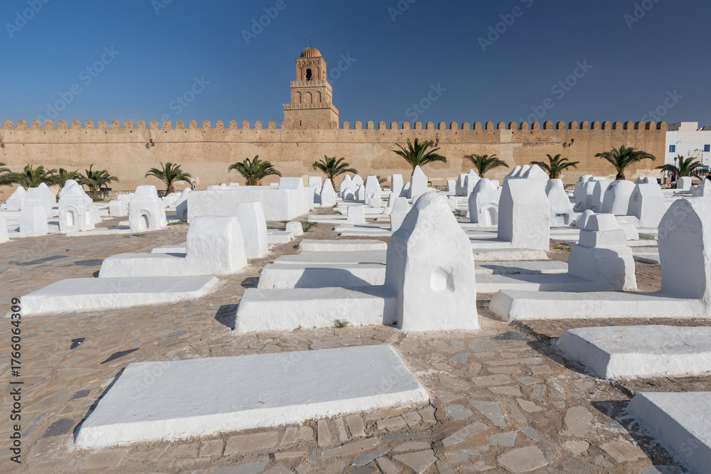 The Ouled Farhane Cemetery next to the Great Mosque of Kairouan, or ...