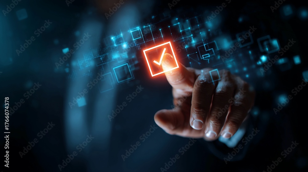 Hand touching a glowing check mark icon on a digital interface ...