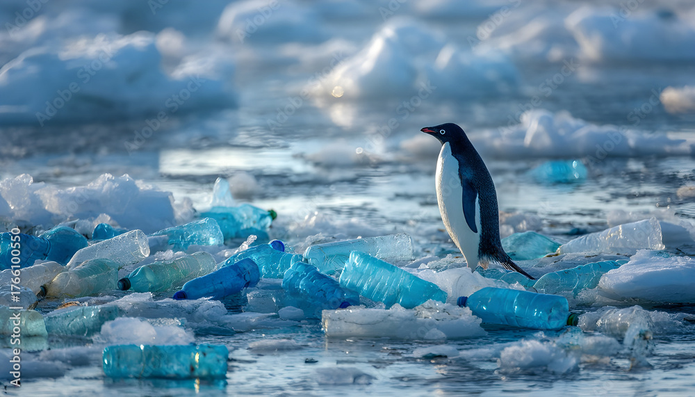 Illustration Stock Penguin standing on icy water among scattered blue ...