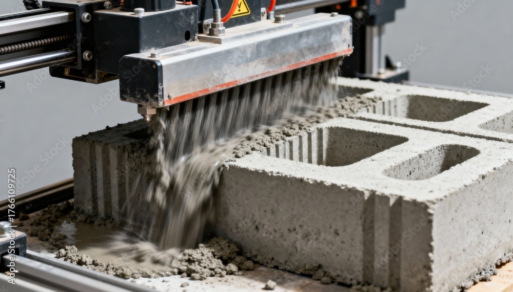 Foto de Stock Closeup on dynamic concrete extruder depositing material ...