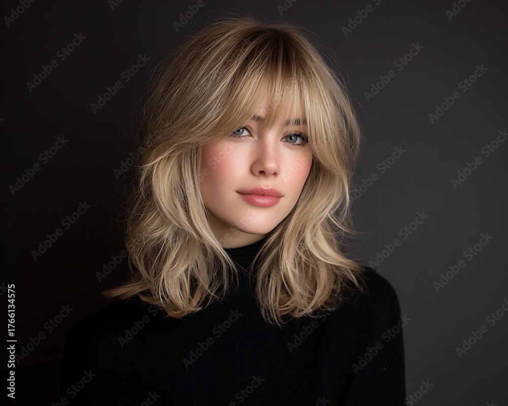 Medium length haircut with wispy fringe (bangs), face-framing layers ...