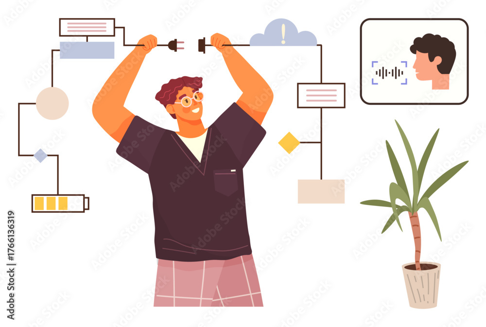 Man holding wires connecting virtual tech systems with battery ...