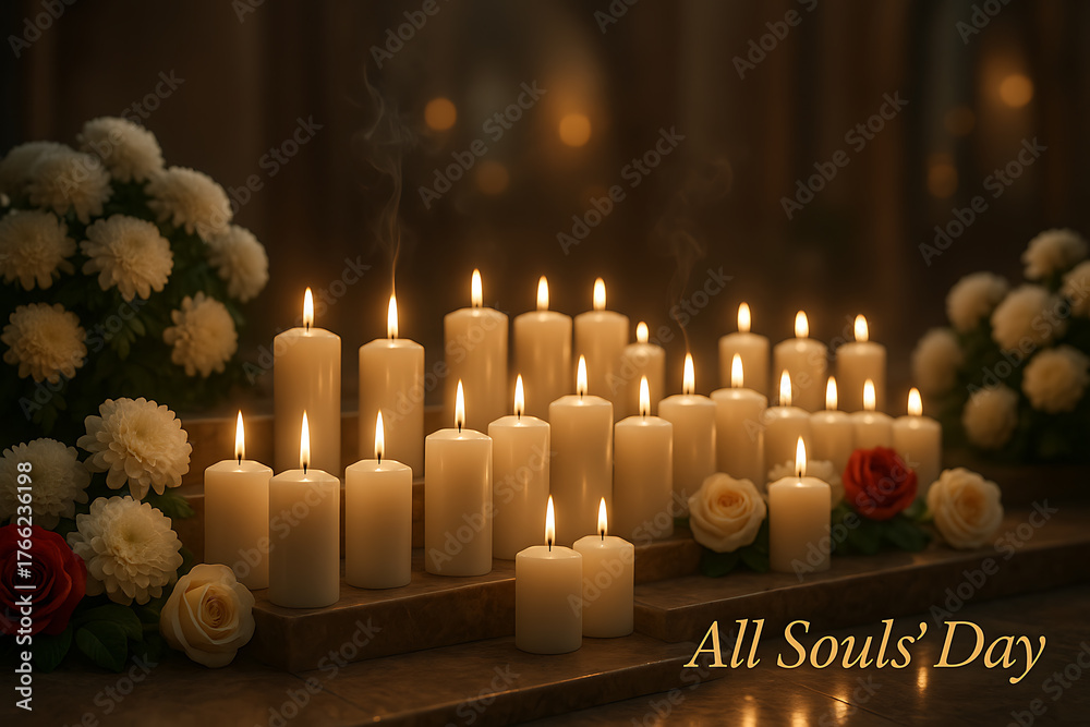 Warm candlelight altar with roses and white chrysanthemums honoring ...