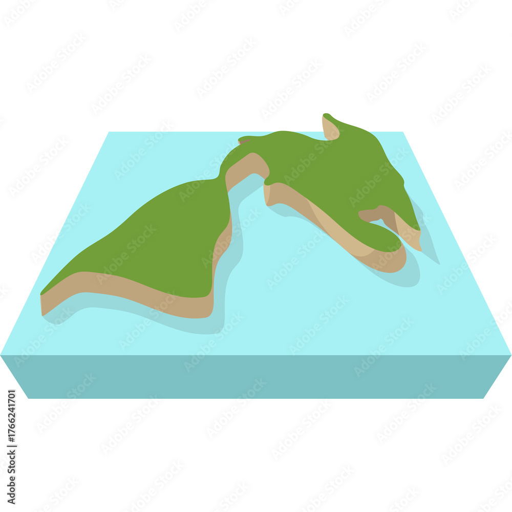 Isometric 3d map of a green island in the ocean with blue water and ...