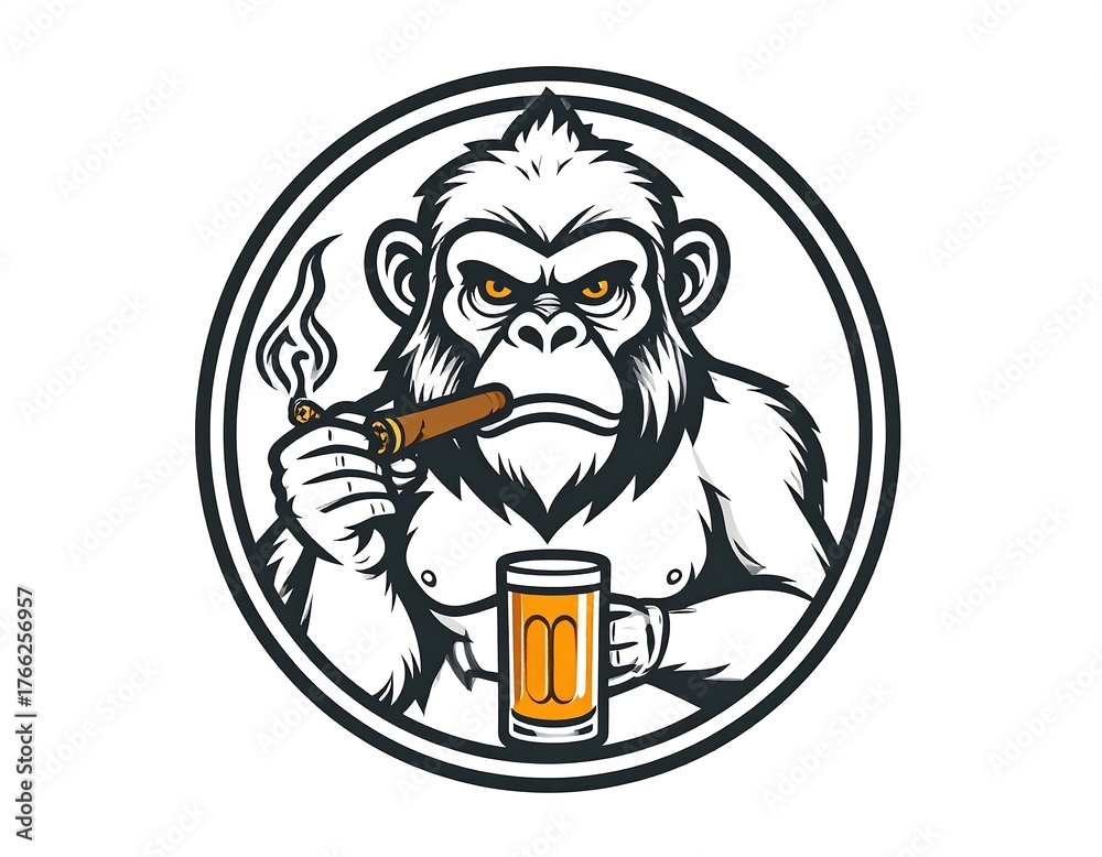 Cartoon-style gorilla in a circular frame, smoking and holding beer の ...