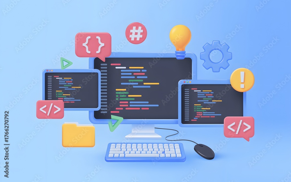 Illustration of a coding setup with multiple screens and coding ...
