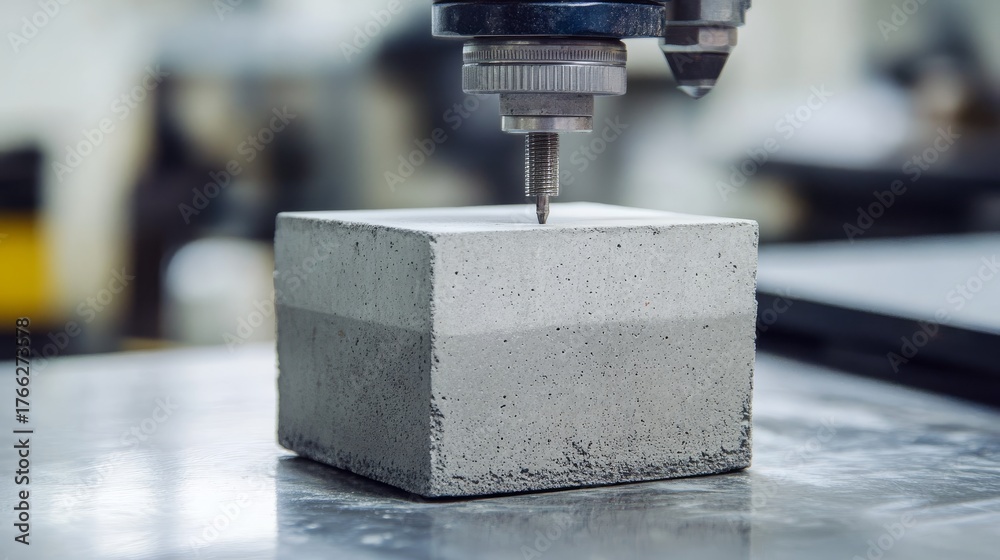 Precision measurement of concrete cube using vernier caliper, focused ...