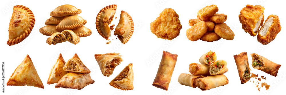 Stock-Foto „Collection of 4 set pastry, samosa, Empanada, nuggets ...