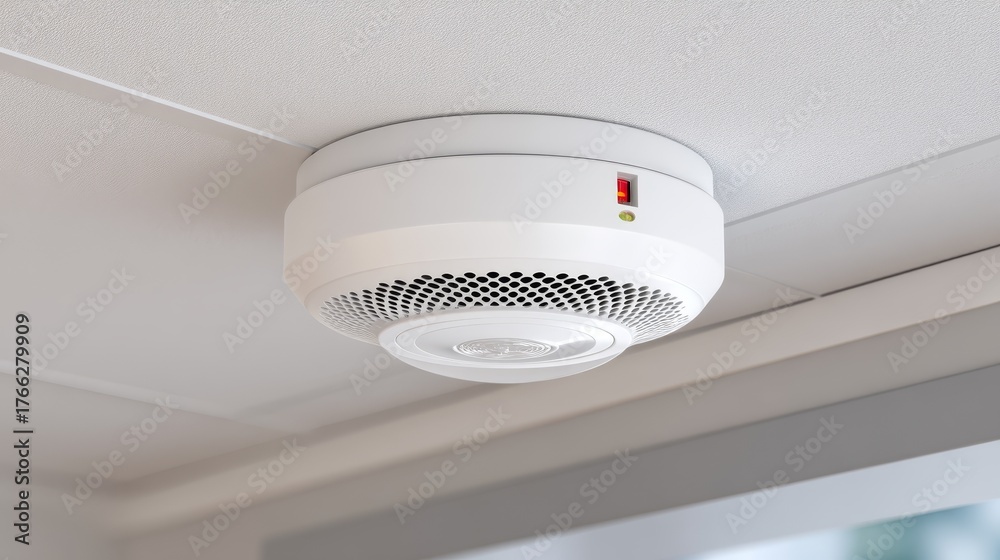 Modern white smoke detector installed on clean ceiling essential fire ...