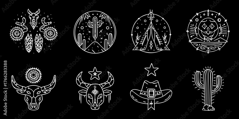 Collection of western and southwestern themed line art icons and ...