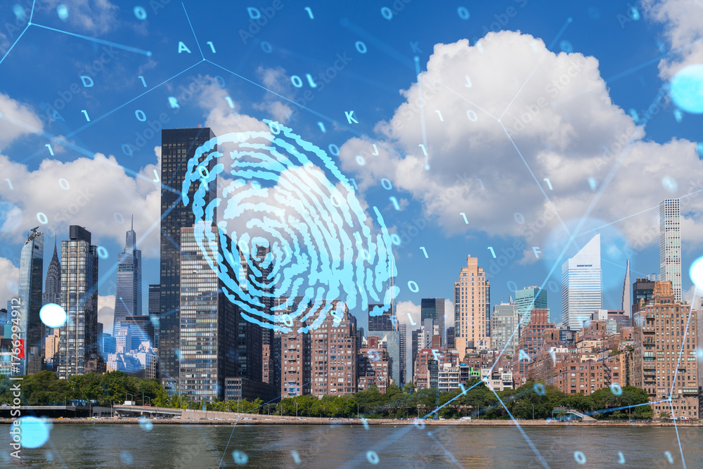 New York skyline with hologram of a fingerprint overlay, concept of ...