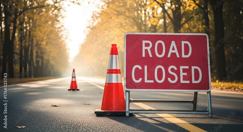 Road Closure Sign and Traffic Cones Indicating Construction or Hazard ...