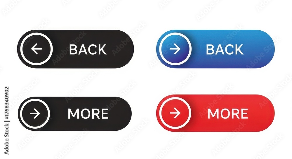 Set of four rounded rectangular buttons with arrow icons for back and ...