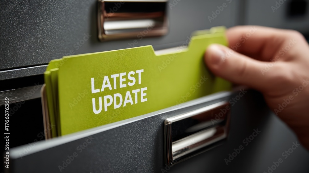 Person removing file labeled latest update from a filing cabinet drawer ...
