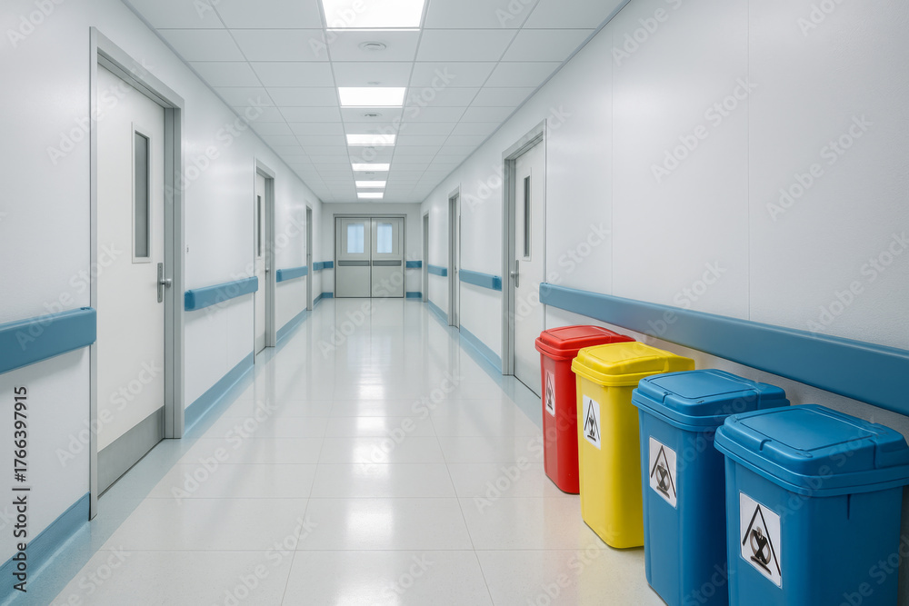 Medical waste bins in secure hospital corridor ensure safety and ...