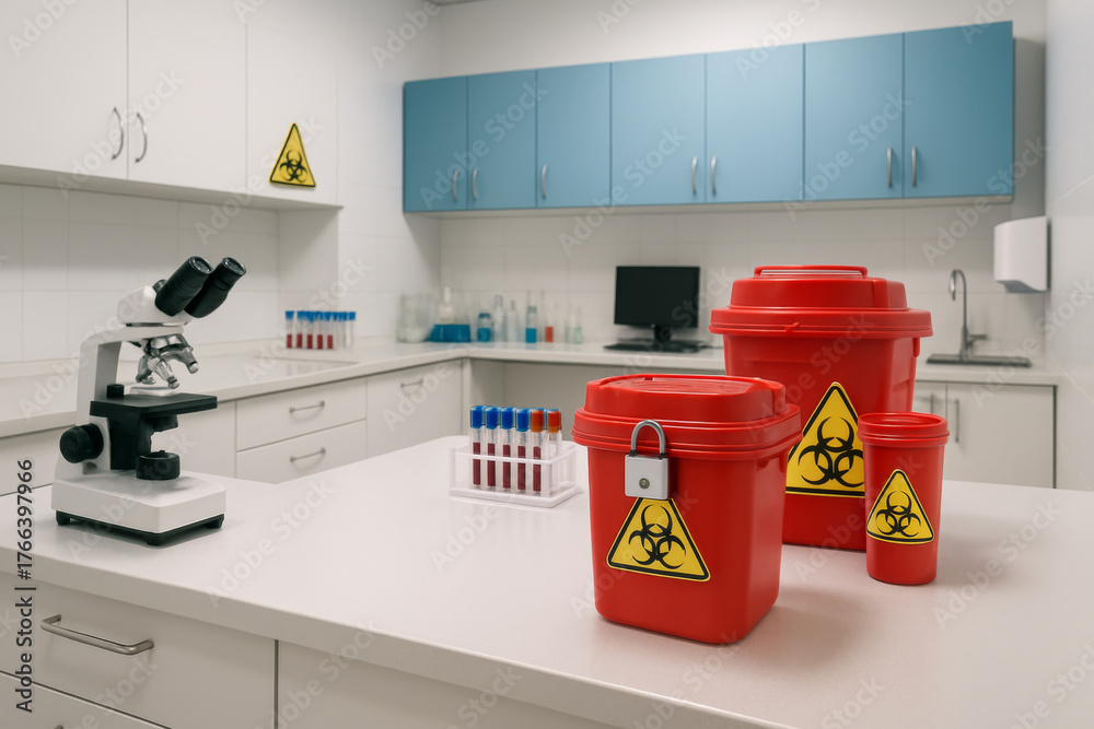 Medical waste secur container in laboratory with red bin biohazard ...