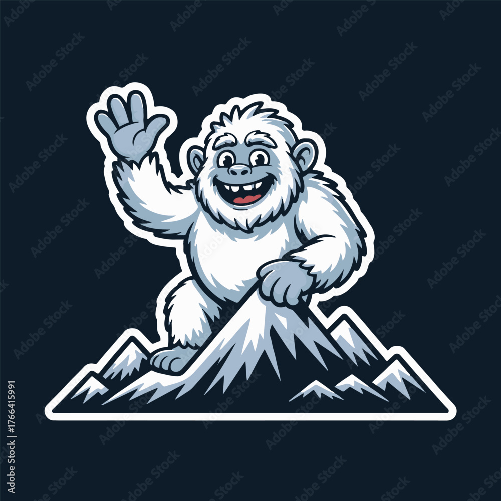 Cartoon yeti waving from a snowy mountain peak with a cheerful ...
