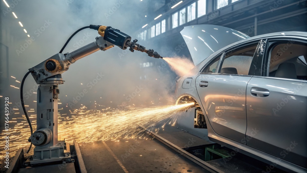 Robot arm spraying paint on car body in a factory setting Stock Photo ...