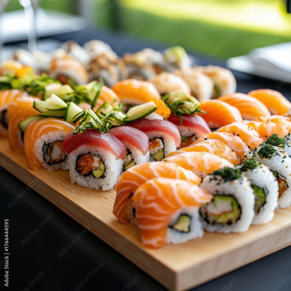 Sushi catering spread at a banquet table in soft ambient light wide ...