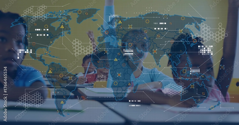 Six students engaging with digital world map overlays while writing ...