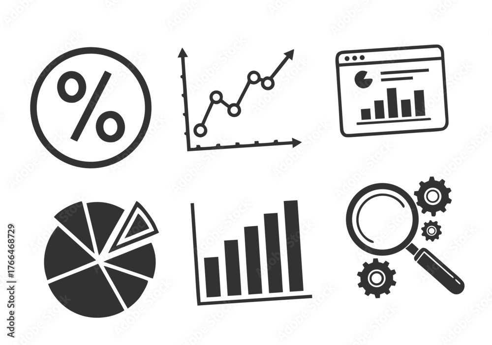 Illustration showing percentage circle, line graph, browser window, pie ...