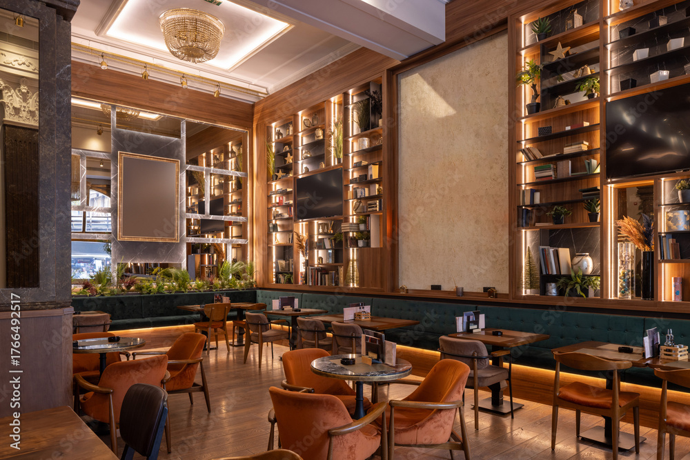 Coffee shop with modern design, velvet seating, and wooden accents ...