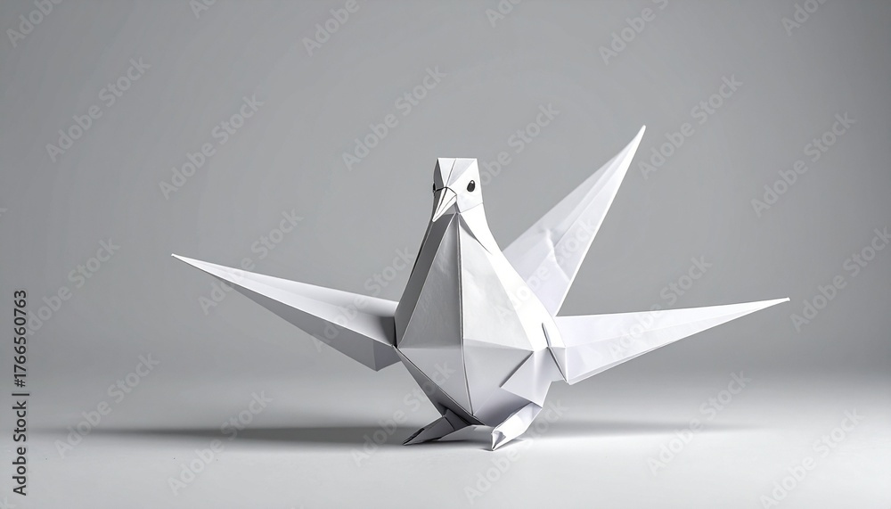 White origami bird in dynamic pose with wings spread wide, crafted from ...