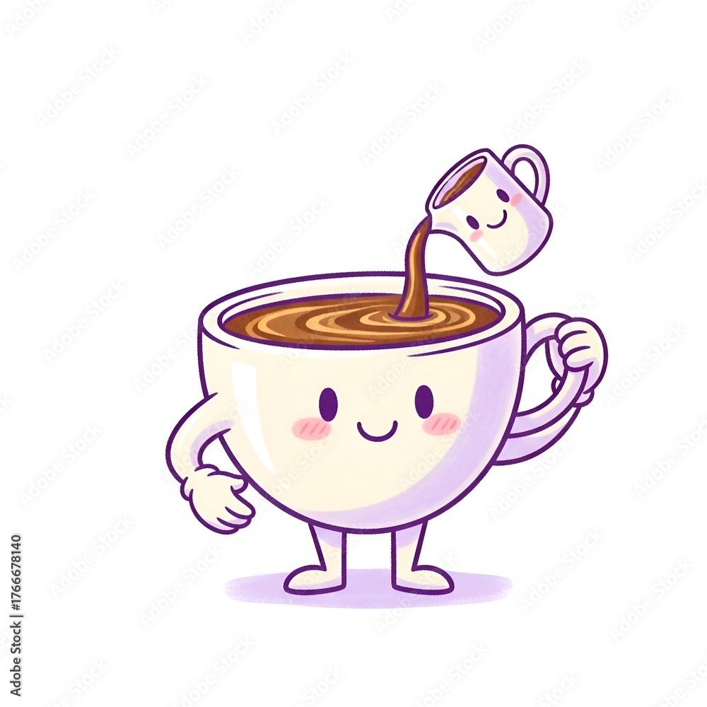 Cute kawaii coffee cup character with a smiling face receiving creamer ...