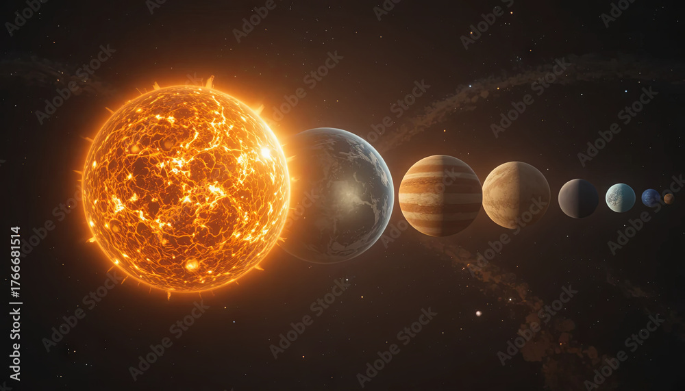 The sun shines brightly at the center, surrounded by planets arranged ...