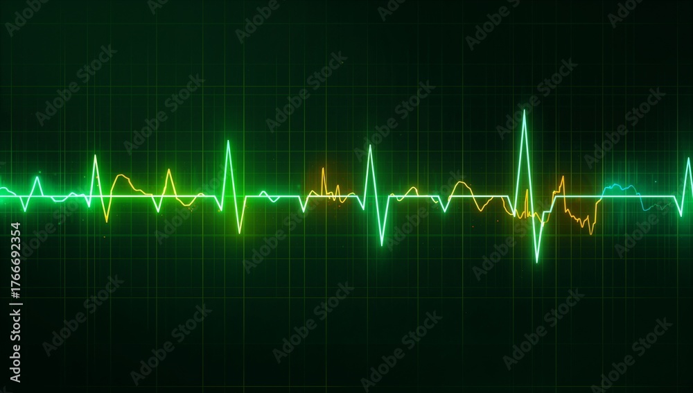 Displaying multicolored ECG waveform pulsing across medical monitor ...