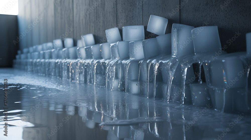 Row of ice cubes melting and dripping water in a modern industrial ...