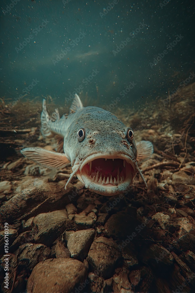 Underwater photo of a European catfish attacking. The largest predatory ...