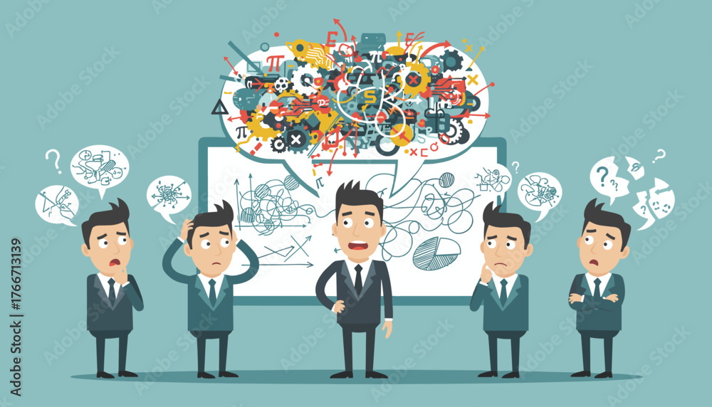 Vector de Stock Confused businessmen struggling to understand complex ...