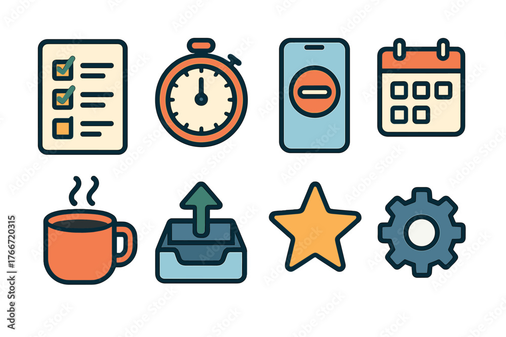 Essential business and productivity icons set with checklist, stopwatch ...