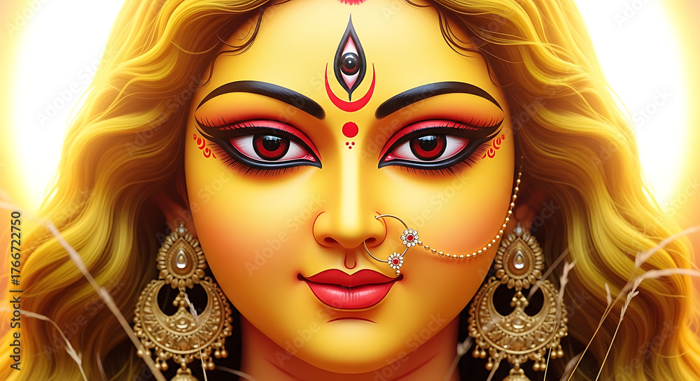 Divine Durga Maa Face Close-Up Goddess Art with Glowing Aura ...