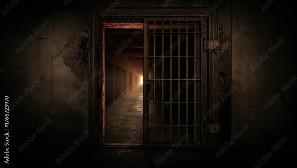 Revealing iron-barred door opening into dim prison corridor, overhead ...