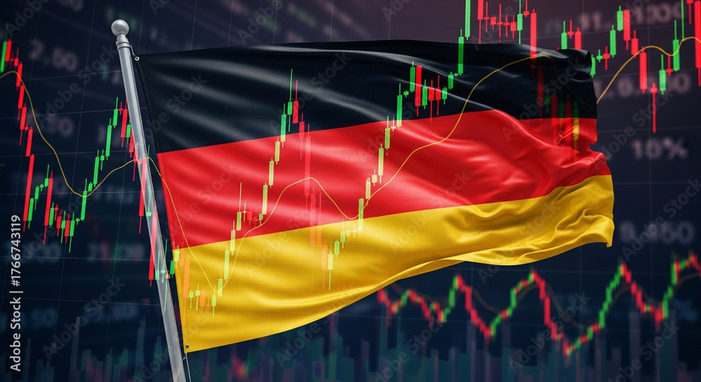 German flag waving in front of a stock market chart showing economic ...