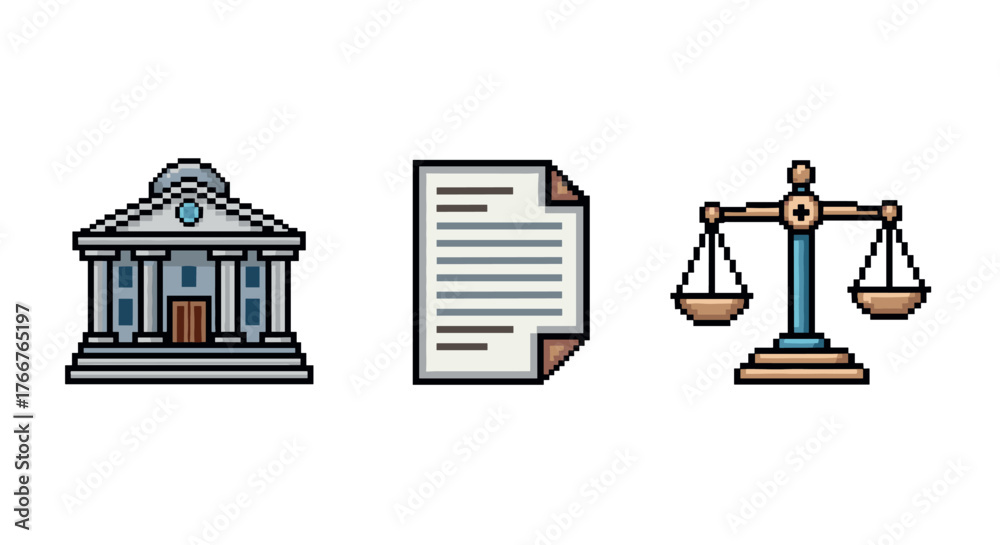 Vector de Stock Pixel art law icons: courthouse, document, scales of ...