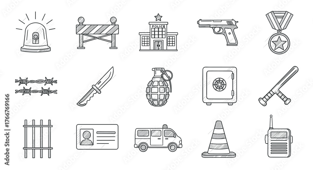 Monochrome linear icons of police station, security equipment, and law ...
