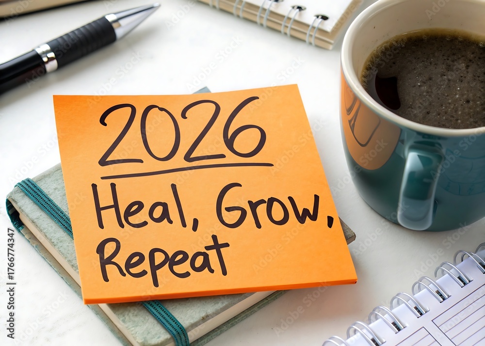 Orange Sticky Note With 2026 Heal Grow Repeat Stock Photo | Adobe Stock