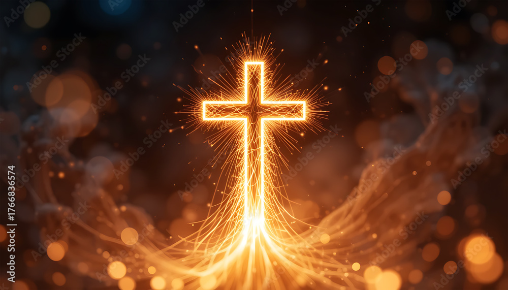 Glowing Cross with Sparkling Light Effects in Dark Background for ...