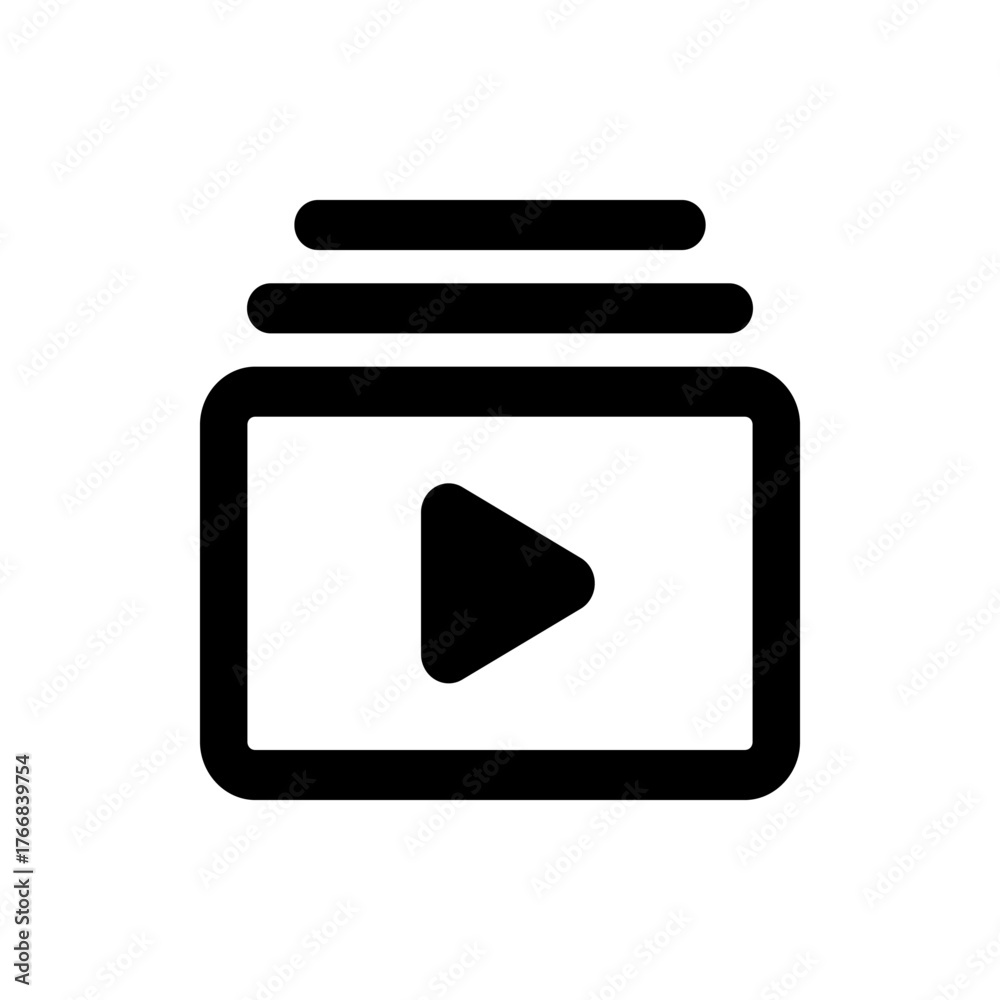 Black and white icon of a video player with stacked layers on top ...